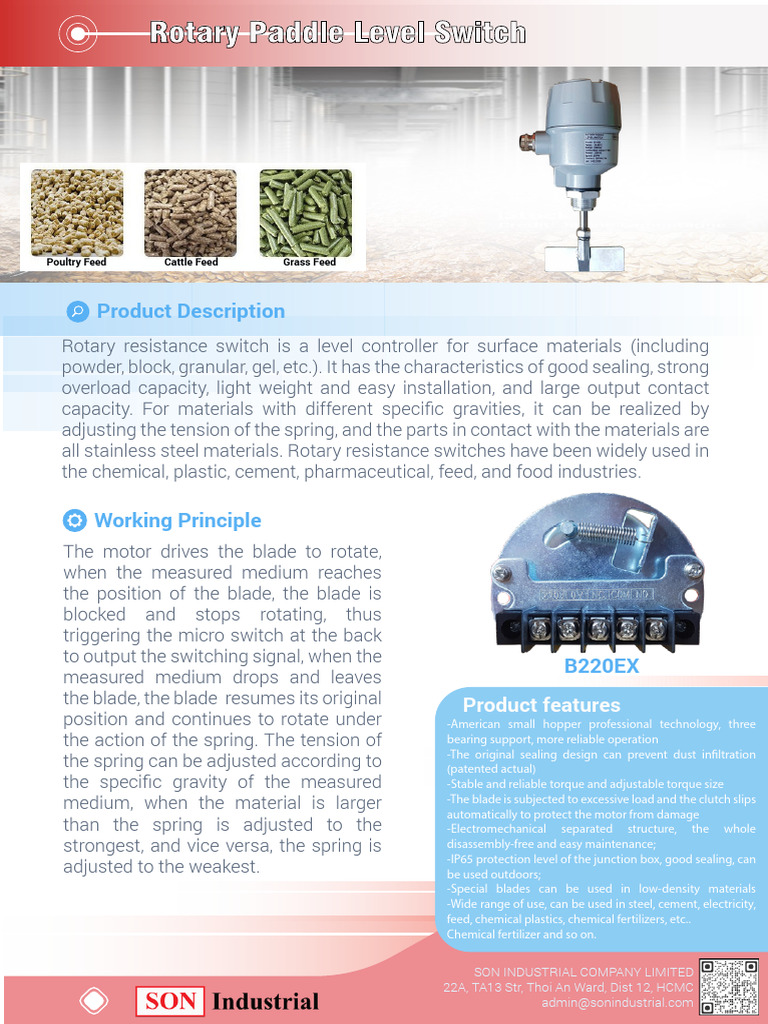SON Industrial - Rotary Paddle Level Switch 20SEX | PDF | Switch | Mechanical Engineering
