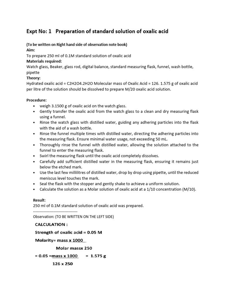 Expt No1-Preparation of Standard Oxalic Acid Solution | PDF