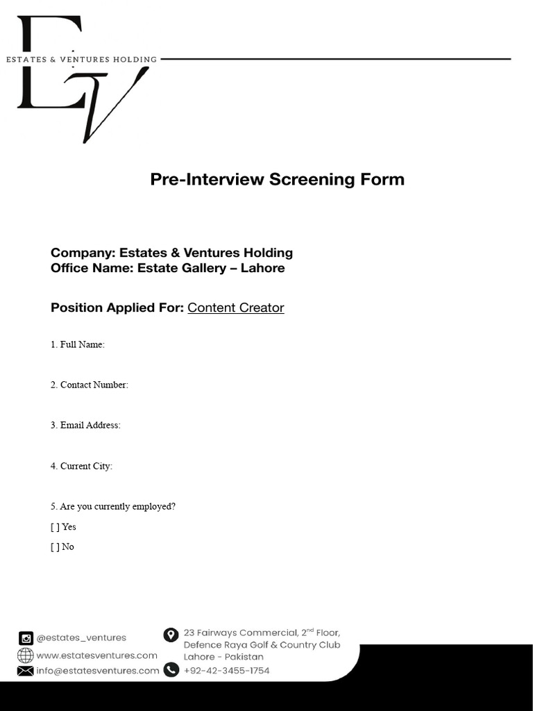 EV Screening Form - Content Creator | PDF