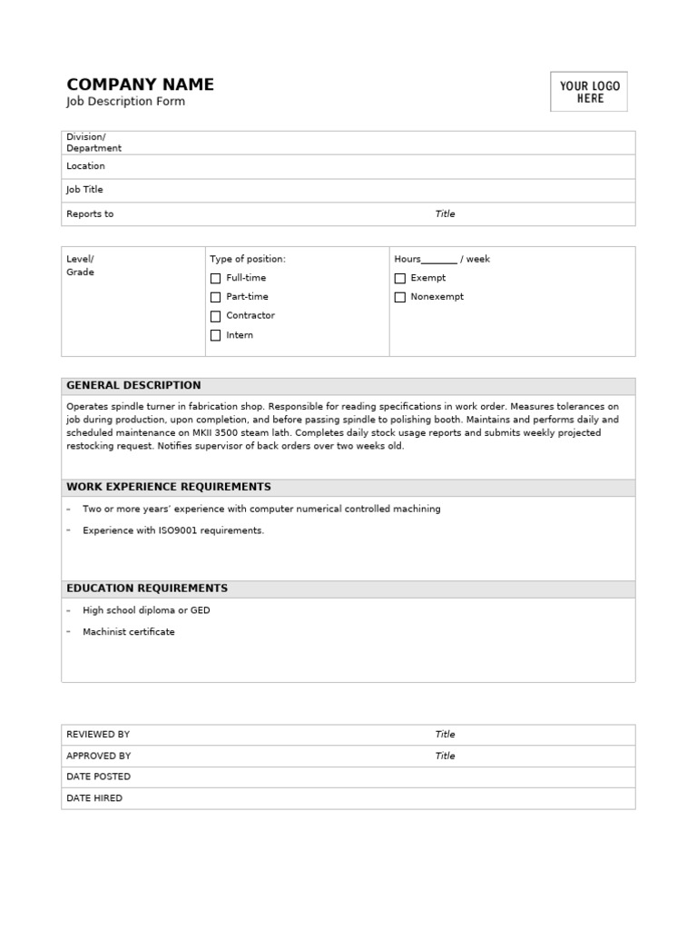 Spindle Turner Job Description Form | PDF