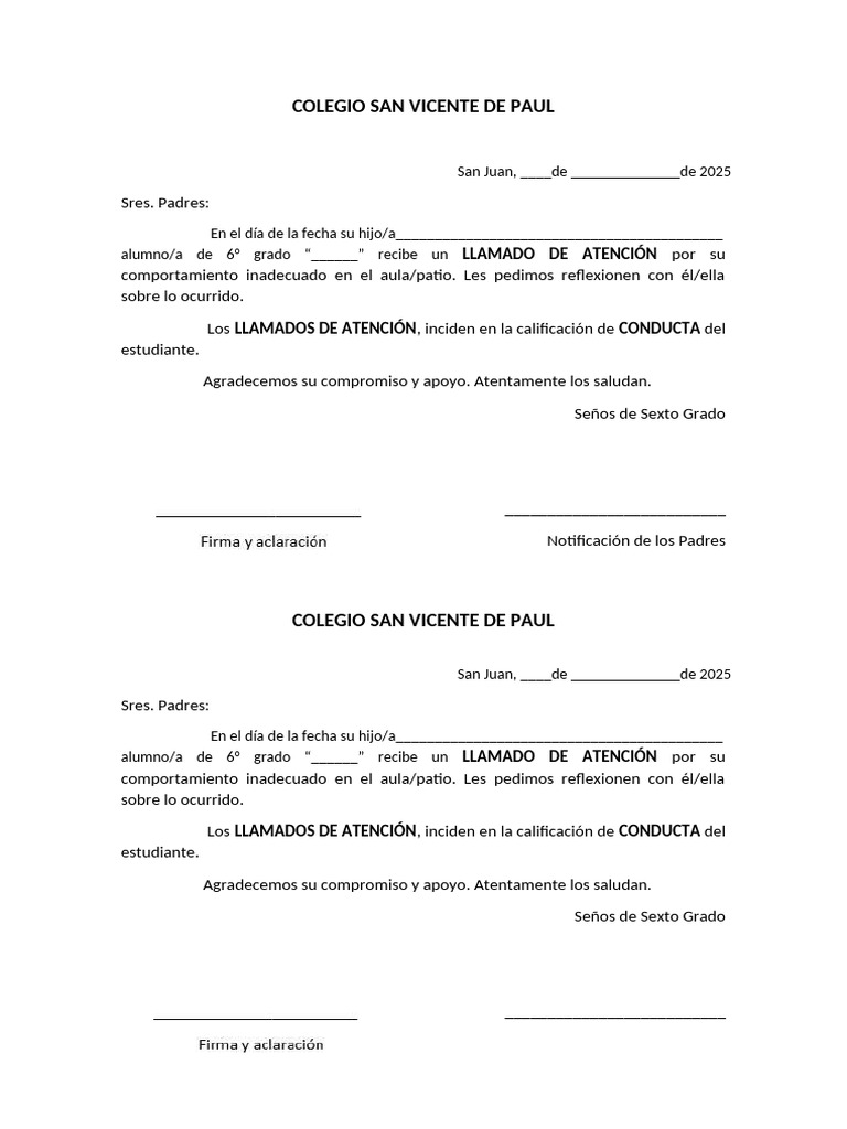 Llamado de Atención a Padres | PDF