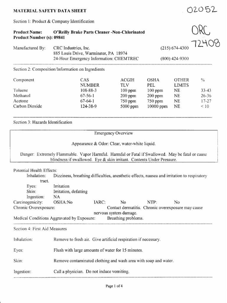 OREILLY Brake Parts Cleaner MSDS | PDF