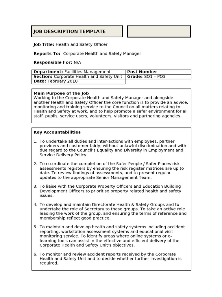 Health and Safety Officer Job Description | PDF | Occupational Safety ...