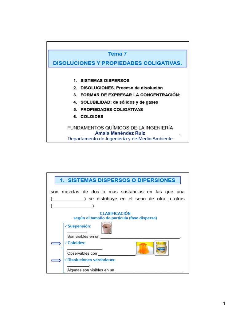 FQI T7 Disoluciones Esquema | PDF | Concentración | Solubilidad