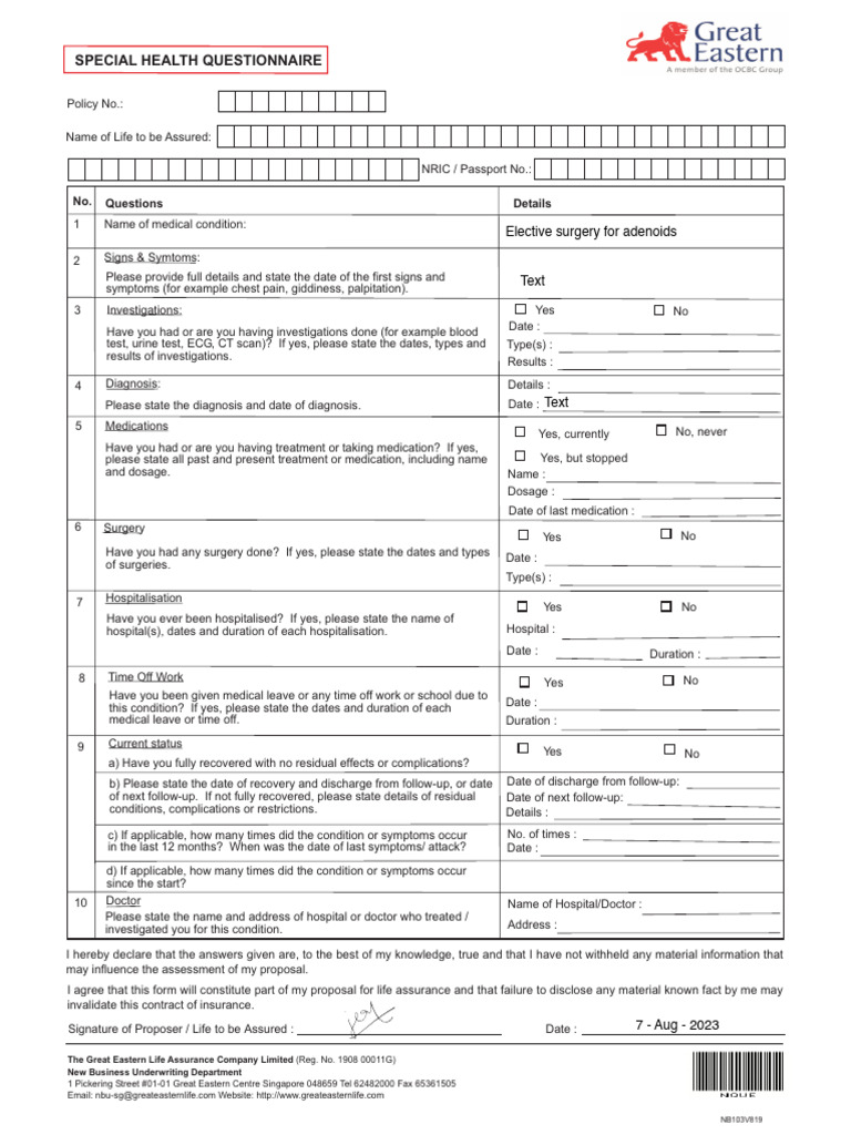 Special Health Questionnaire | PDF