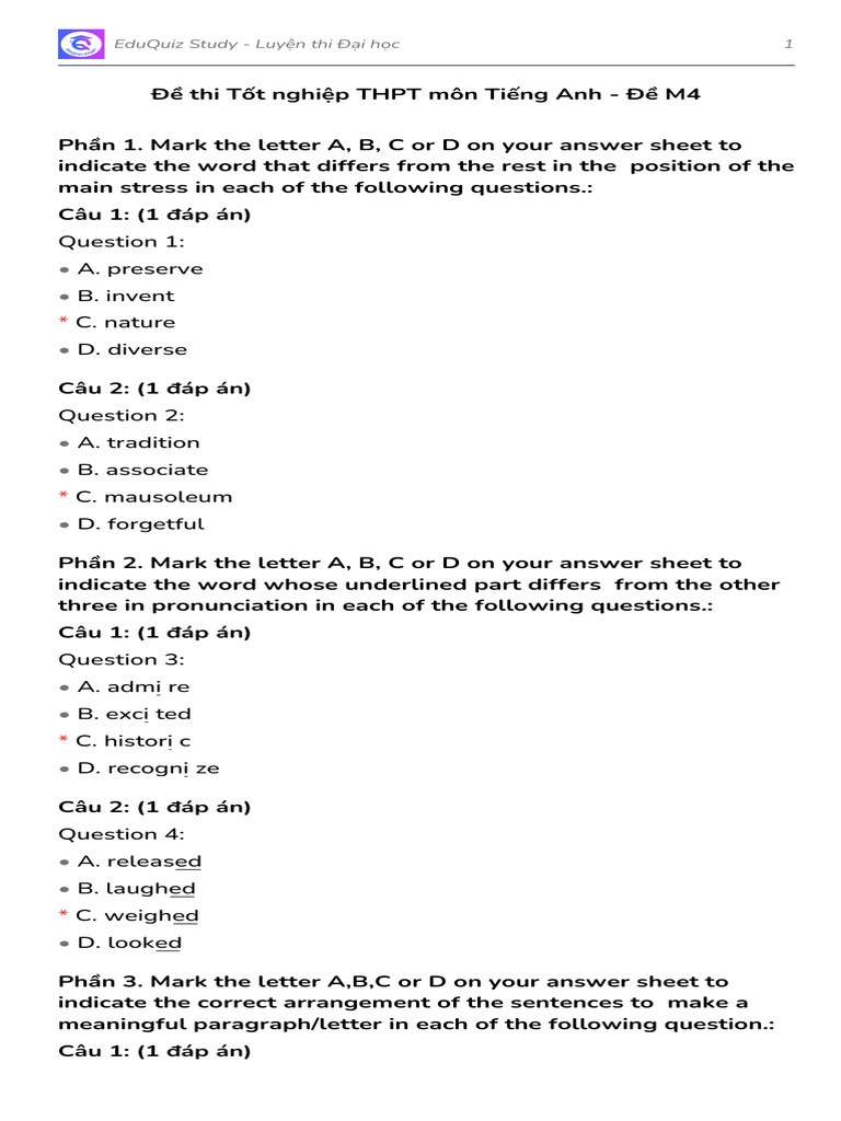 Đề thi Tốt nghiệp THPT môn Tiếng Anh - Đề M4 | PDF | Historic Preservation