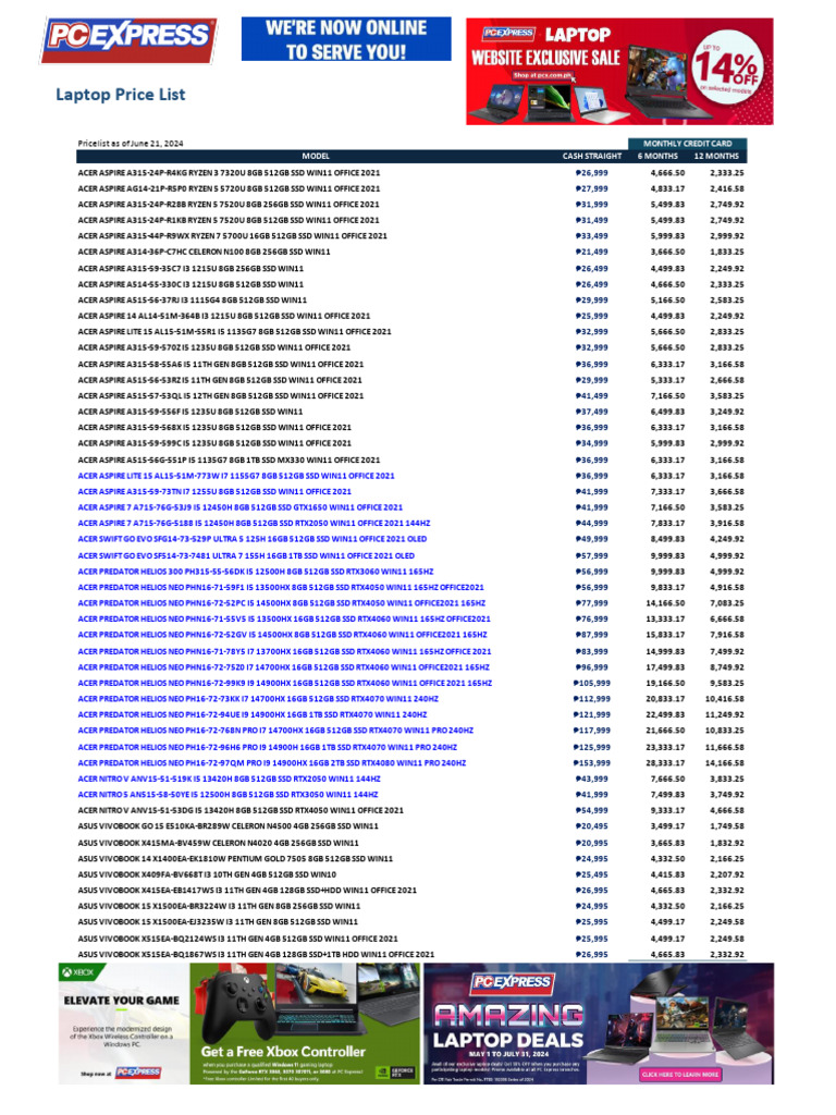 PC Express Laptop Pricelist | PDF | Intel | Portable Computers