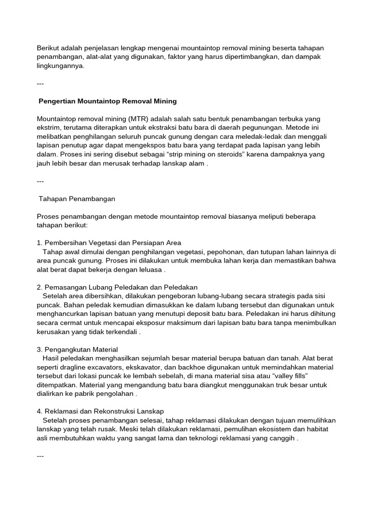 Penjelasan Mountaintop Removal Mining | PDF