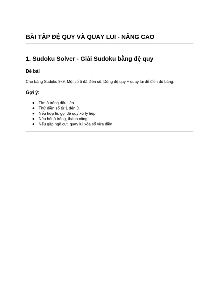 BÀI TẬP ĐỆ QUY VÀ QUAY LUI - NÂNG CAO-1 | PDF