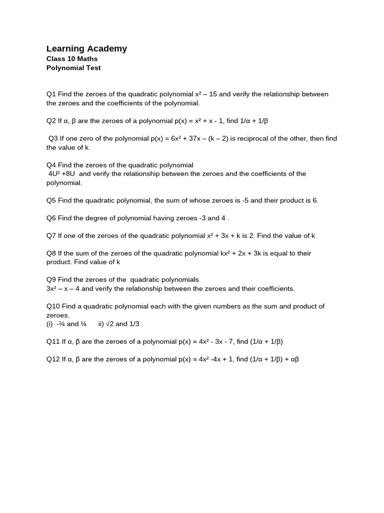 Polynomial Test 10 Maths | PDF