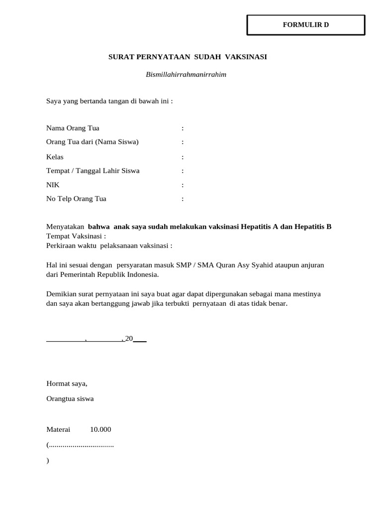 Surat Keterangan Vaksin Hepatitis B | PDF
