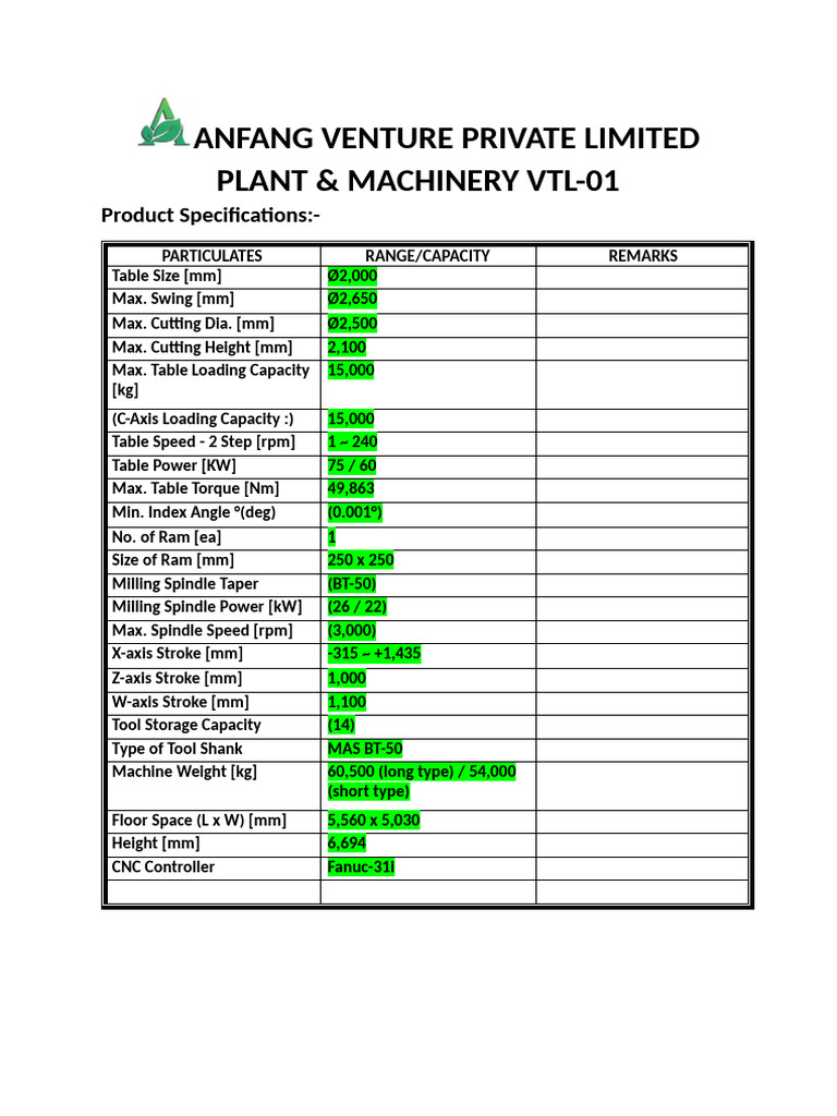 VTL Machine Specifications by ANFANG | PDF | Numerical Control | Tools