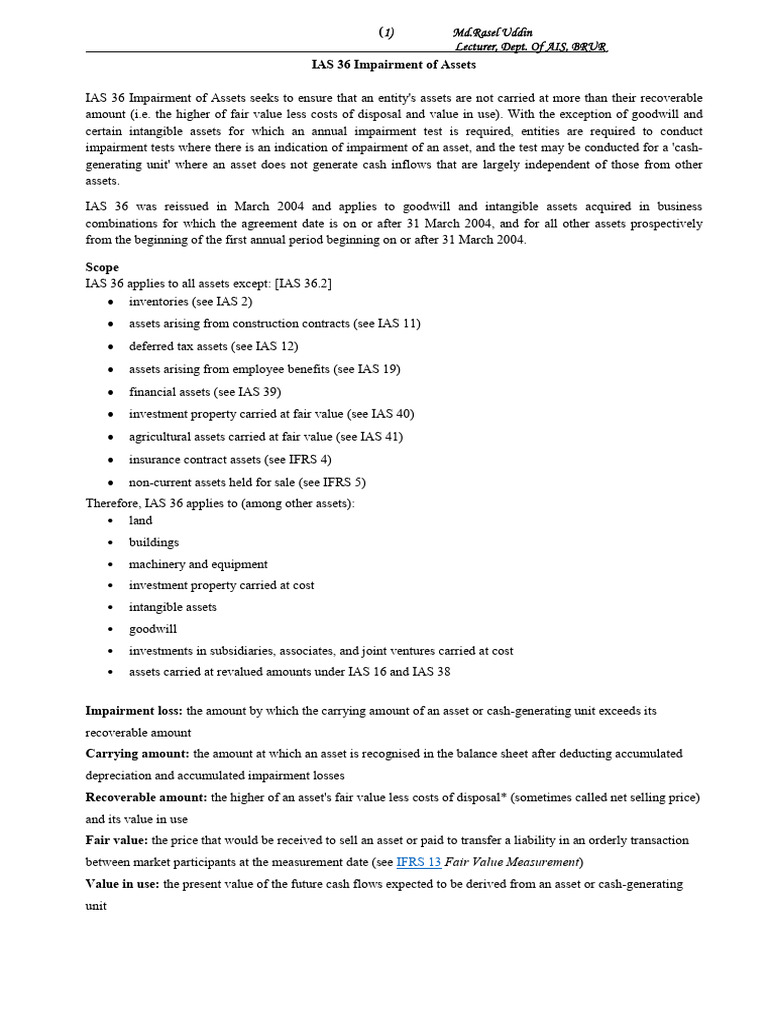 IAS 36 Impairment of Assets Seeks To Ensure That An Entity | PDF | Fair ...