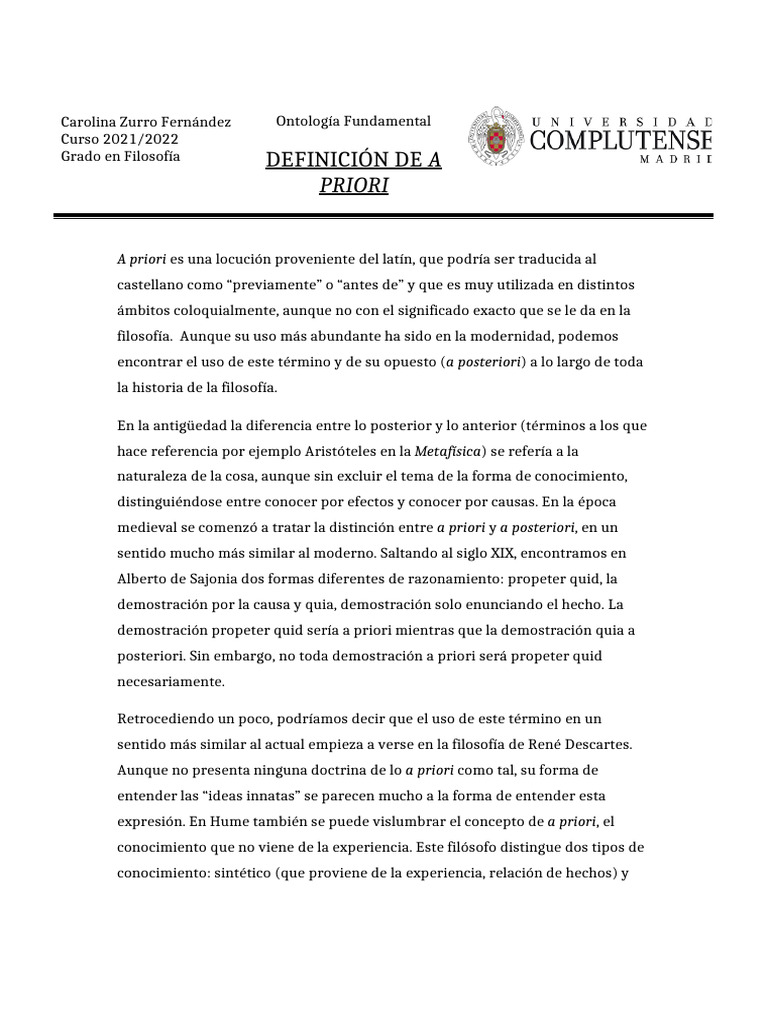 Definición de a priori | PDF | A priori y a posteriori | Immanuel Kant