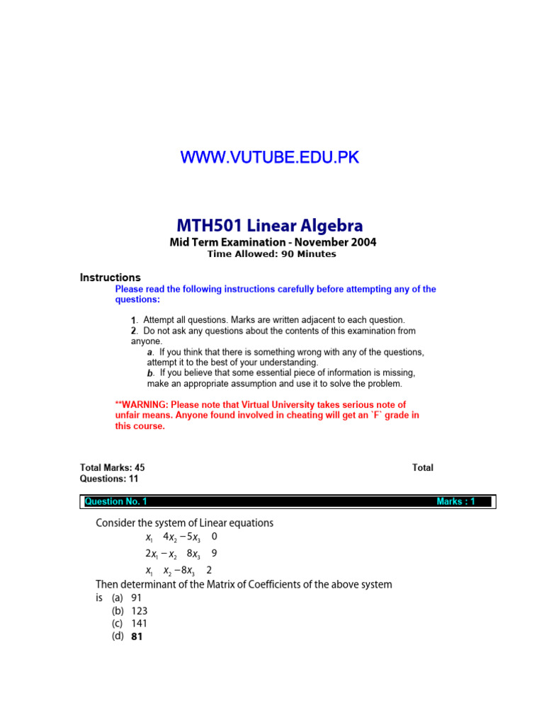 MTH501 Subjective File For Mid Term Download | PDF | Vector Space ...