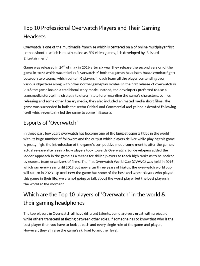 To 10 Professional Overwatch Players and Their Gaming Headsets | PDF