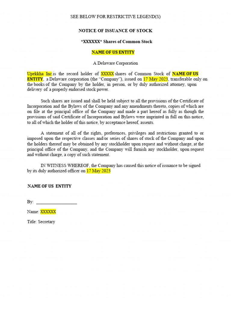 Notice of Stock Issuance - Template | PDF