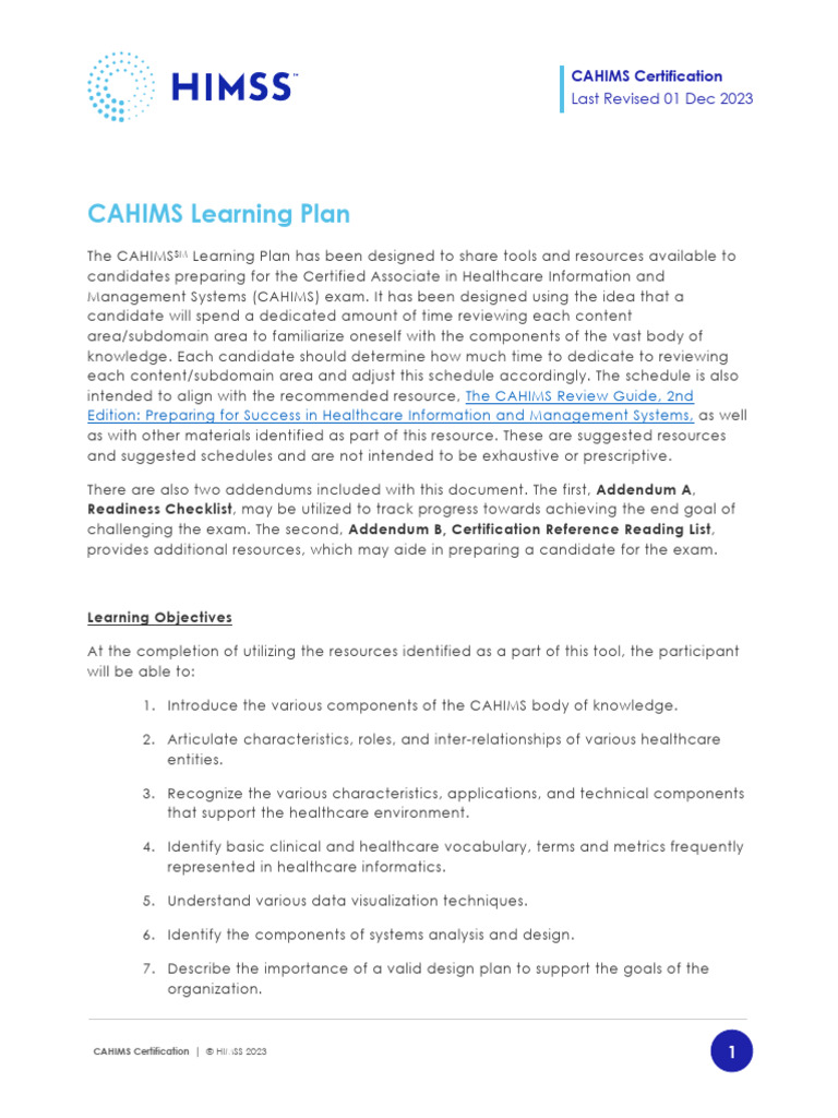 Cahims Learning Plan | PDF | Health Informatics | Knowledge