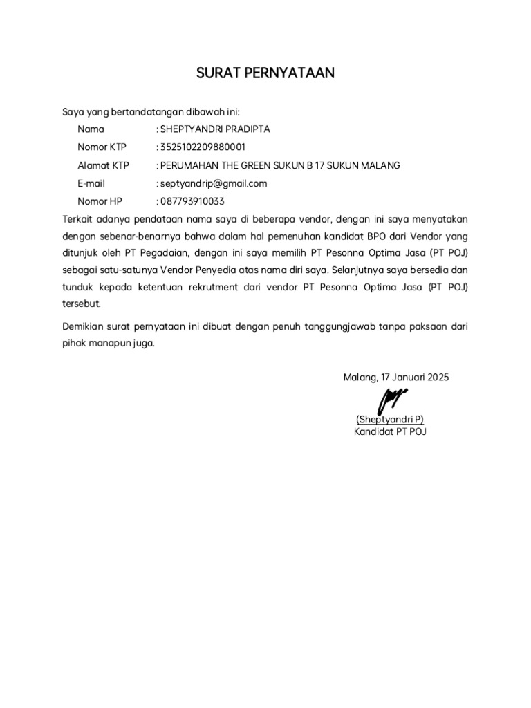 Surat Pernyataan Pemilihan Vendor BPO | PDF