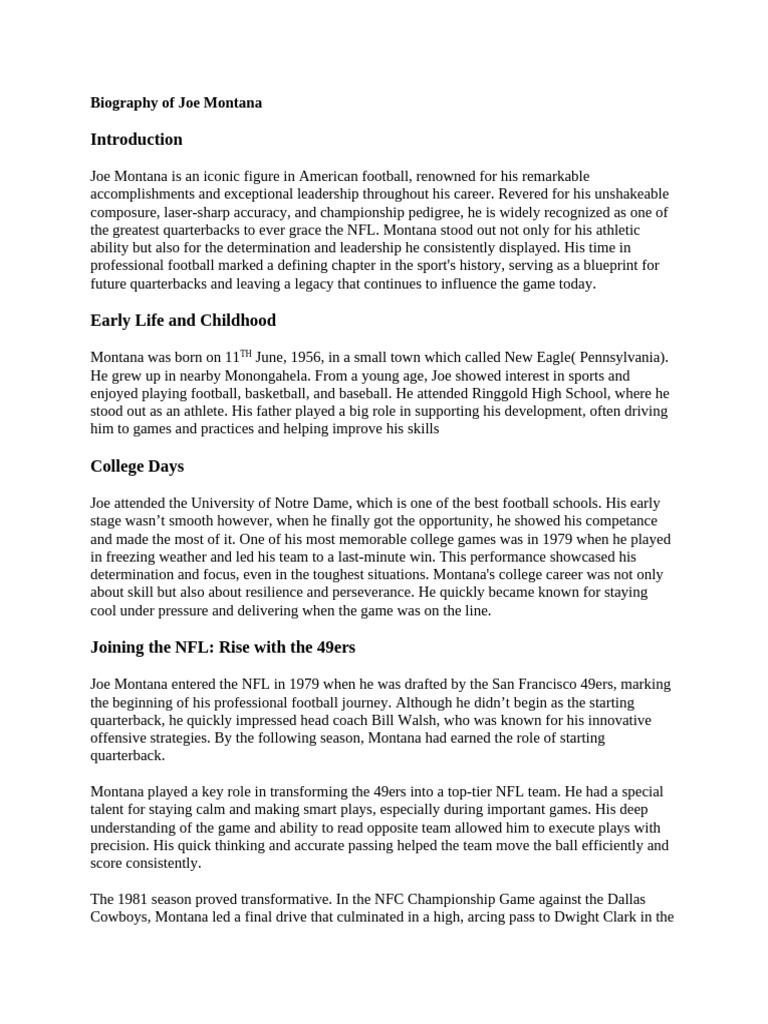 Biography of Joe Montana | PDF | San Francisco 49ers | American Football