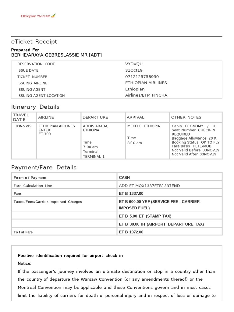 Electronic Ticket Receipt November 03 For MR ARAYA GEBRESLASSIE BERHE | PDF | Airlines | Aviation