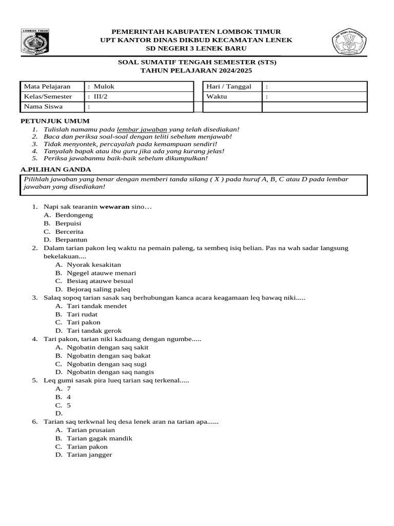 Soal Mit Mulok KLS 3 | PDF