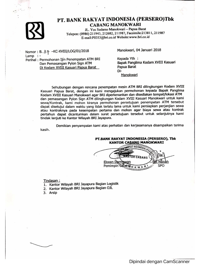 Contoh Kelengkapan surat ijin Penempatan ATM. BRI | PDF