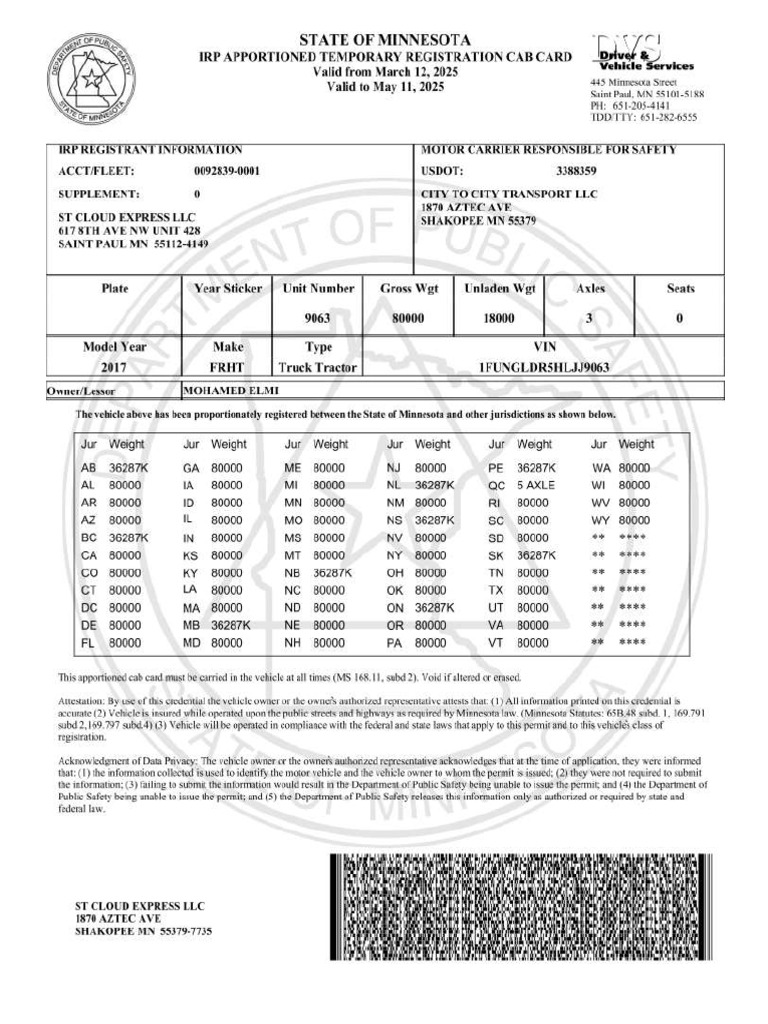 ST Cloud Express Temporary IRP Cab Card | PDF