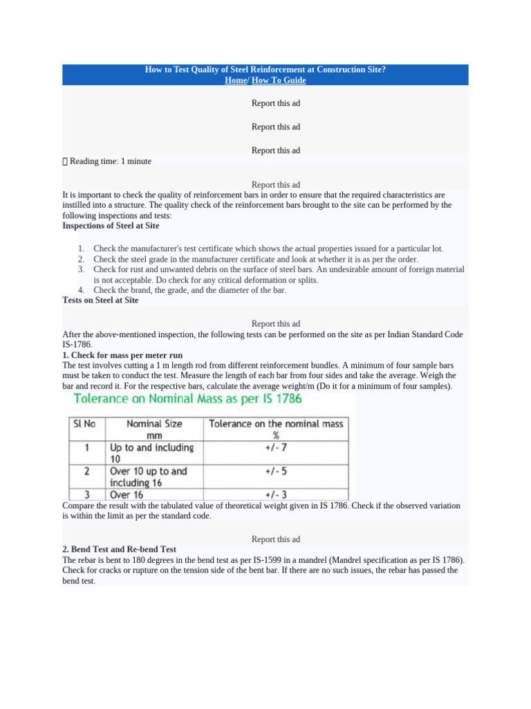 How To Test Quality of Steel Reinforcement at Construction Site | PDF ...