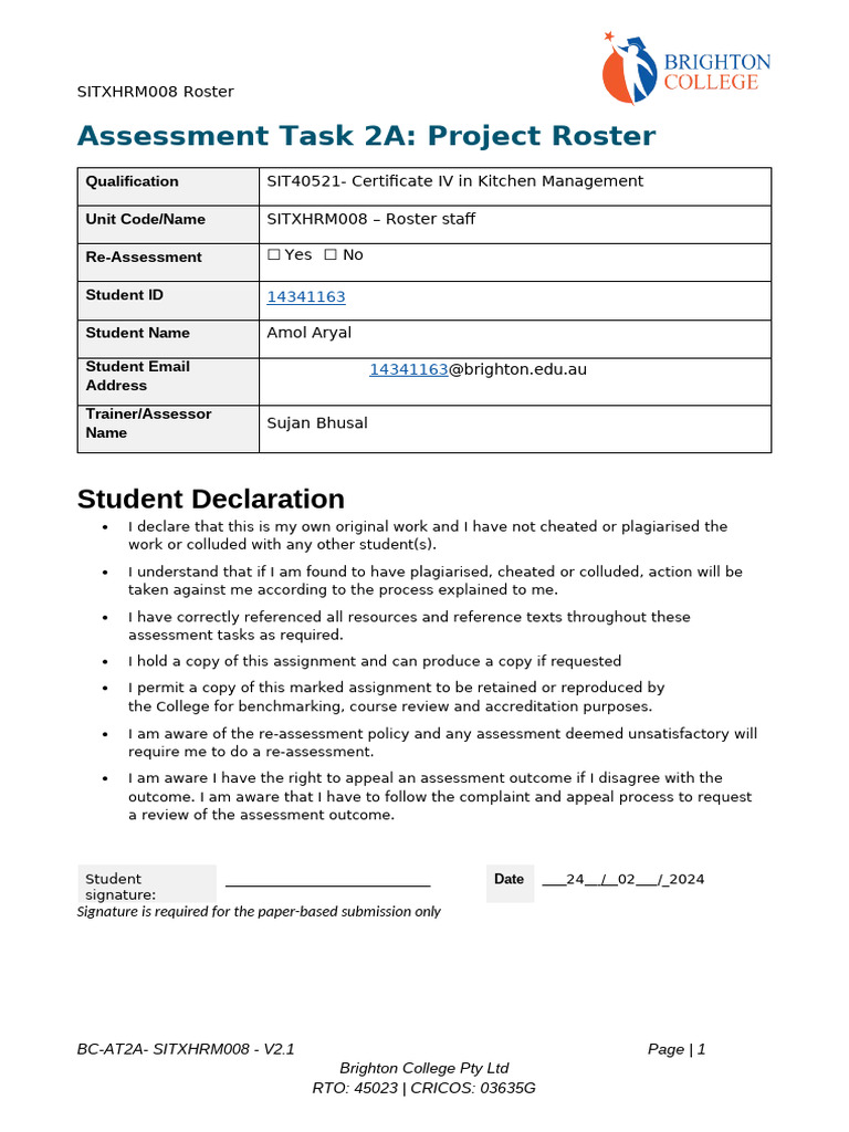 SITXHRM008 (Amol Aryal - 14341163) at 2A Project Roster | PDF | Chef | Menu
