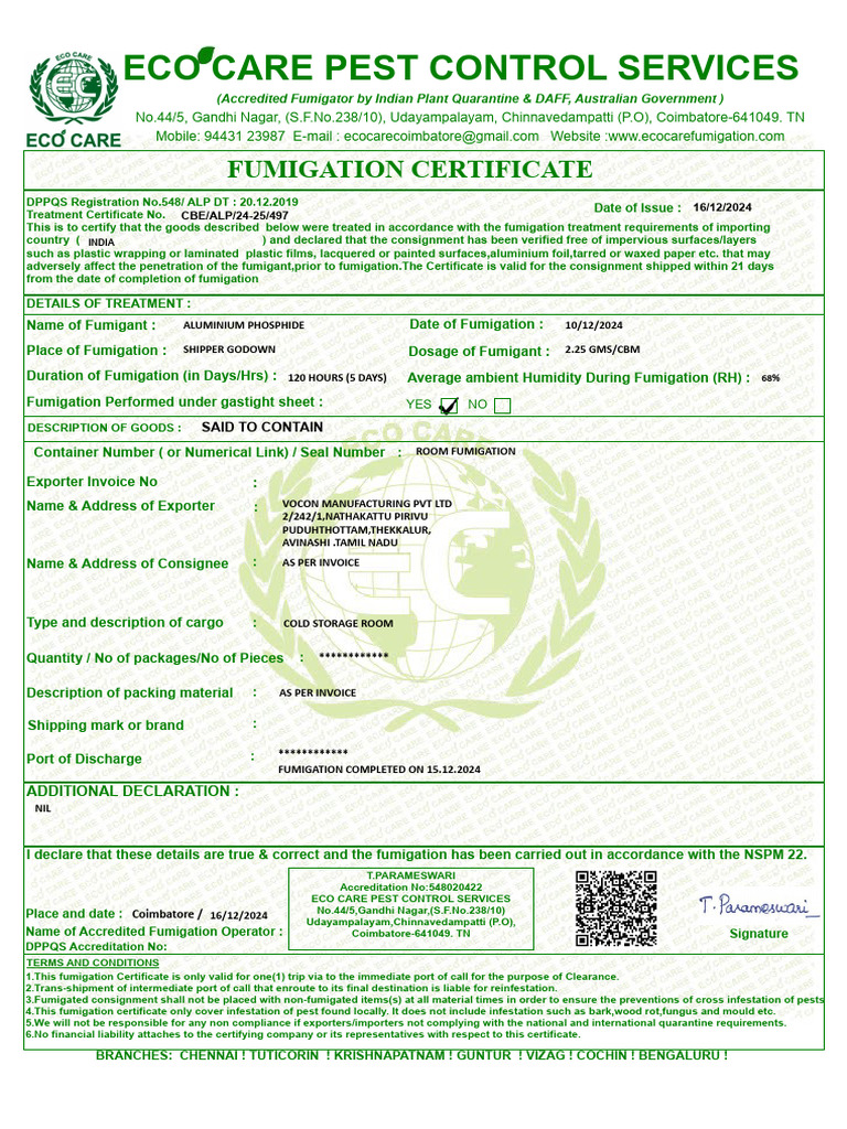 Fumigation Certificate for Export Compliance | PDF