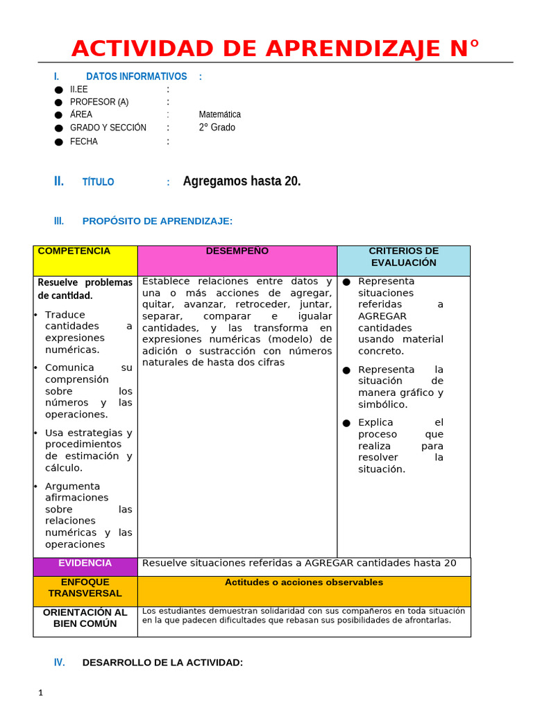 Sesión 4 Agregamos Hasta 20 | PDF | Aprendizaje