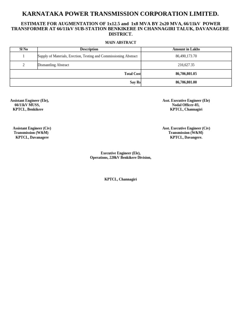 Augmentation of 8 and 12.5 by 20 MVA Benkikere | PDF | Transformer ...