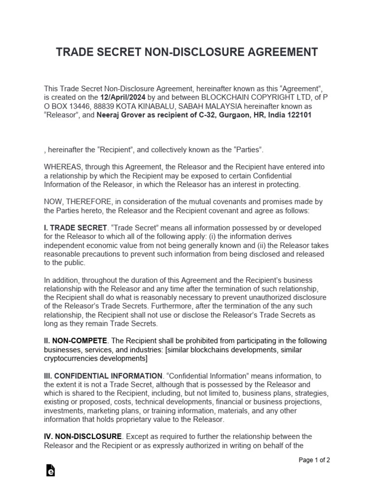 Trade Secret Non Disclosure Signed | PDF | Non Disclosure Agreement ...