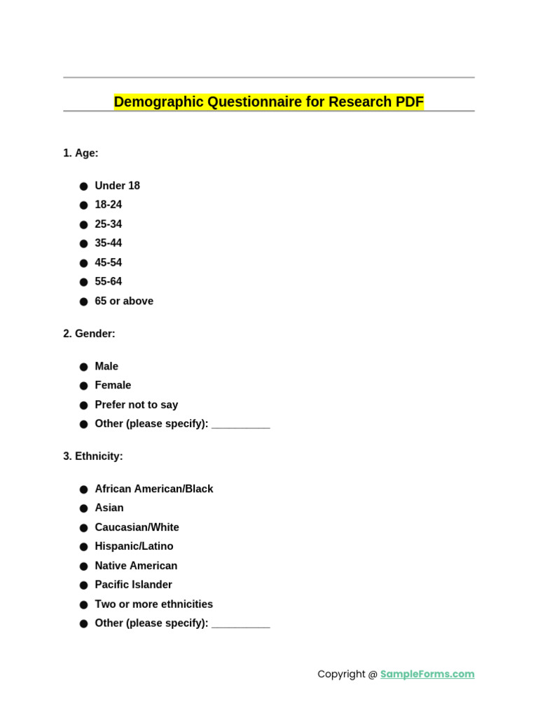 Demographic Questionnaire For Research PDF | PDF