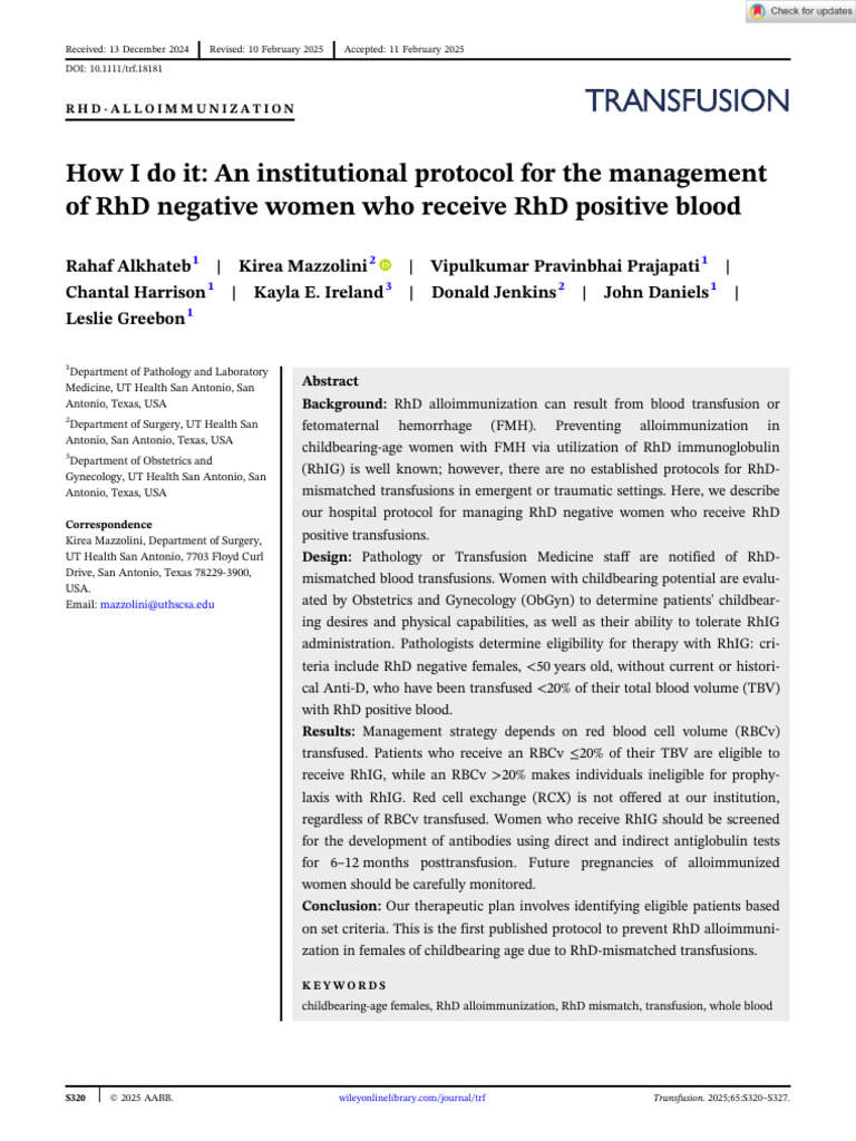 Transfusion - 2025 - Alkhateb - How I Do It An Institutional Protocol For The Management of RHD ...