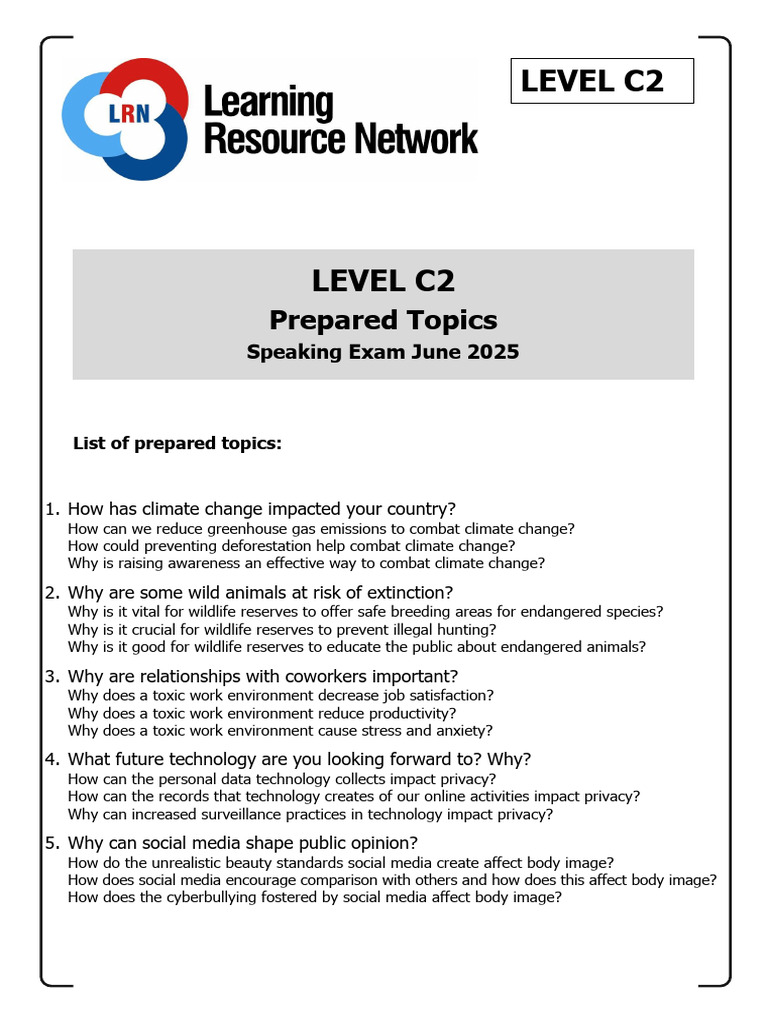 LRN May-June 2025 Speaking Prepared Topics | PDF