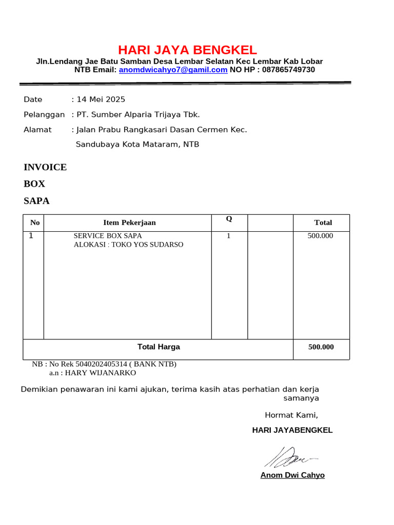 Invoice Service Box Sapa Hari Jaya Bengkel | PDF