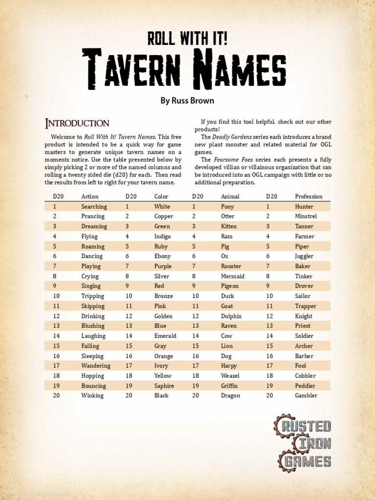 Roll With It Tavern Names | PDF