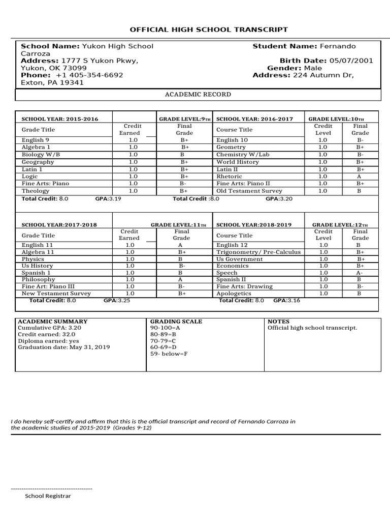 Transcript Yukon High School | PDF | Educational Stages