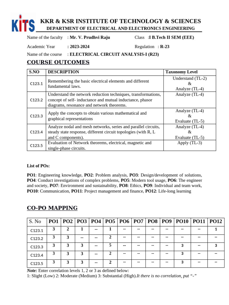 Co-PO Mapping Sheet 2023-2024 ECA-I (R23) | PDF | Engineering | System