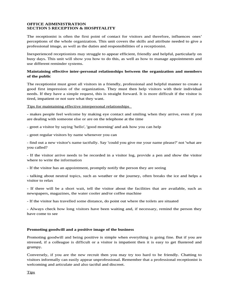 Receptionist Skills for Professionalism | PDF