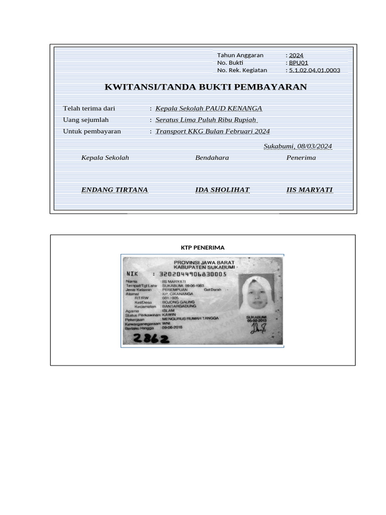 Kwitansi Pembayaran Transport KKG 2024 | PDF