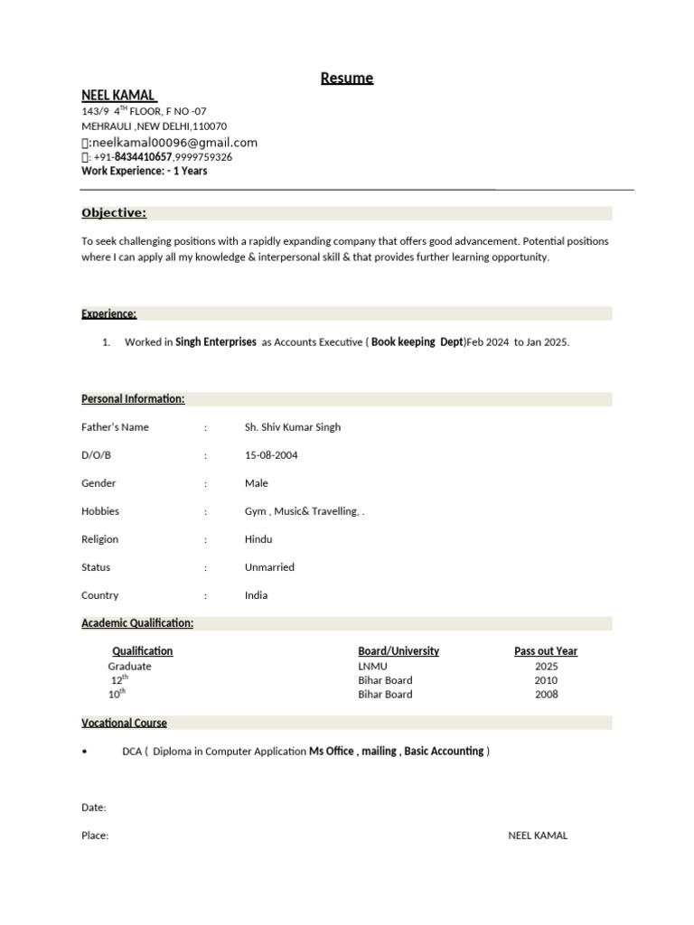 Neel Kamal's Resume: Accounts Executive | PDF
