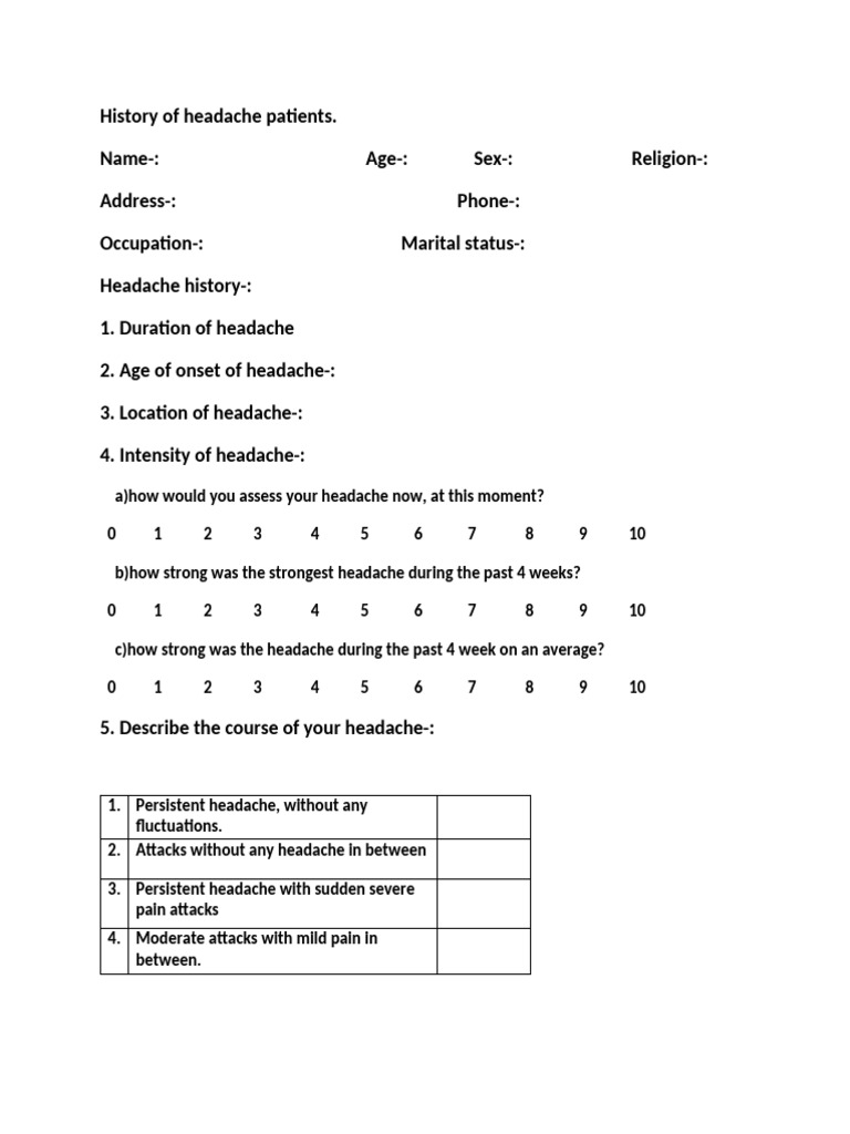Comprehensive Headache Patient History | PDF | Headache | Pain