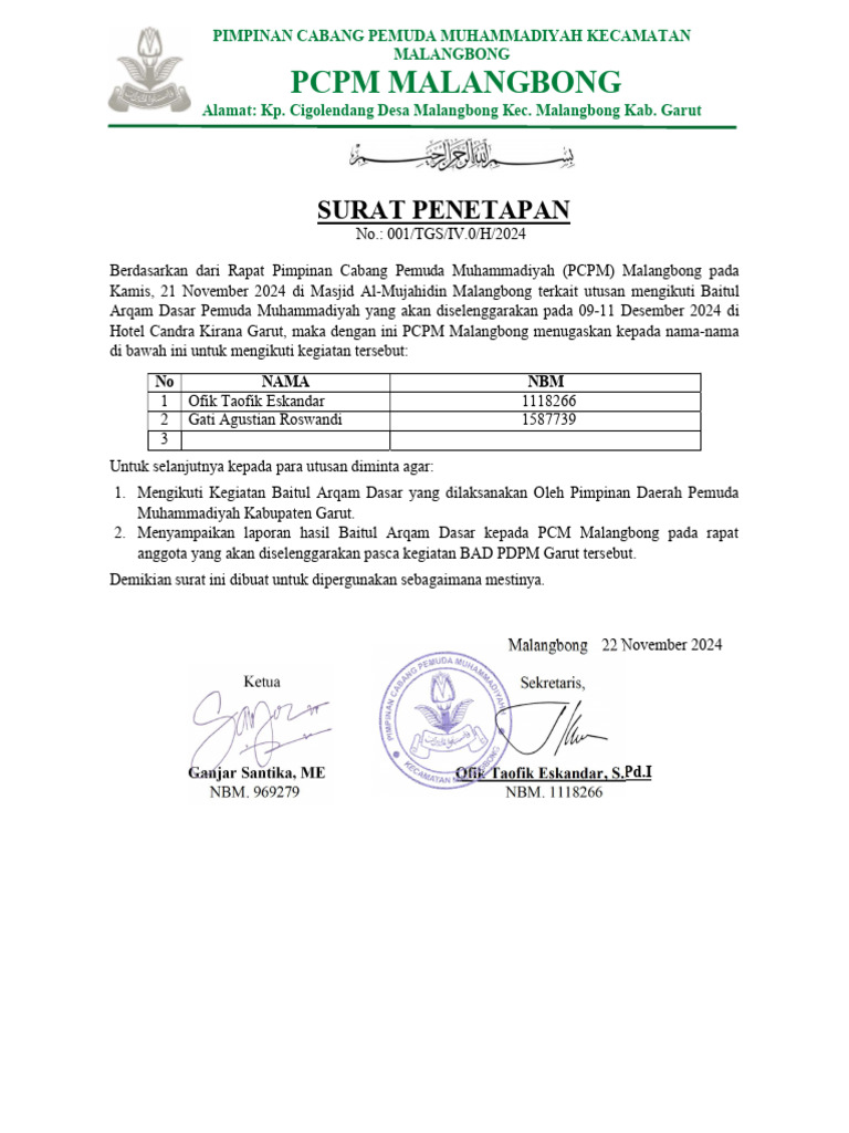 Surat Mandat Bad PCPM Malangbong | PDF