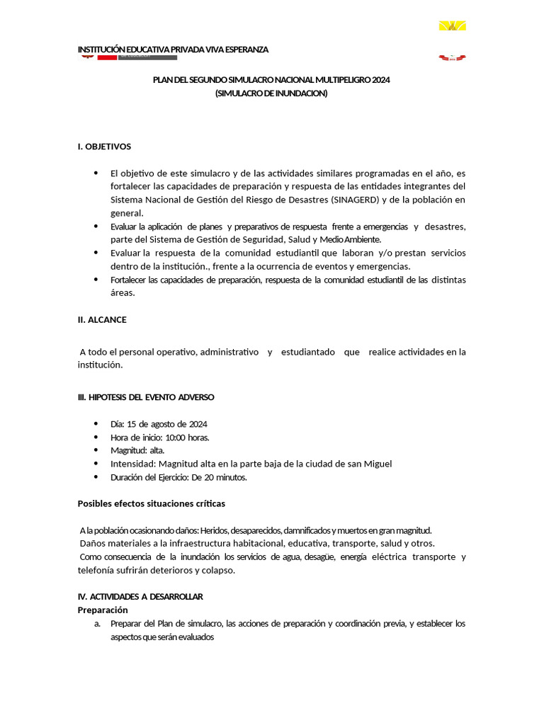 PLAN DE SIMULACRO MULTIPELIGRO (inundacion) 2024 | PDF | Inundar