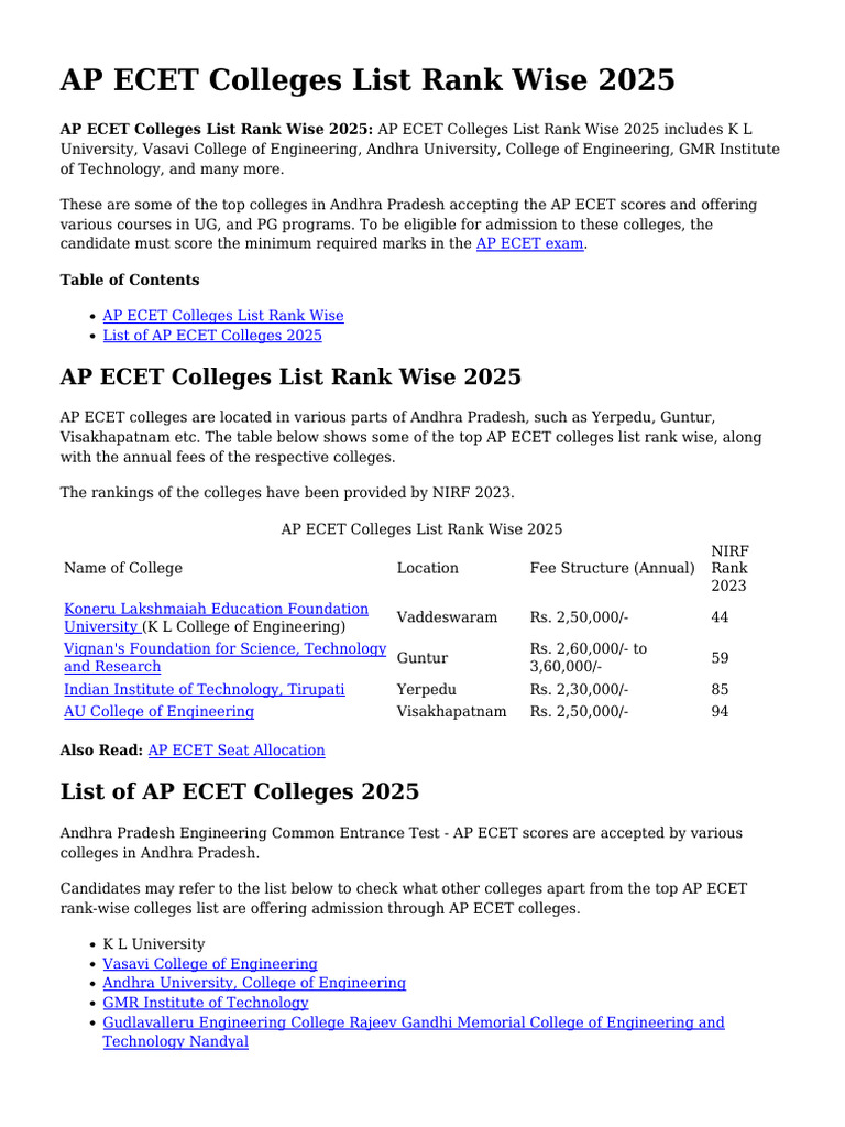 Ap Ecet Colleges List Rank Wise | PDF
