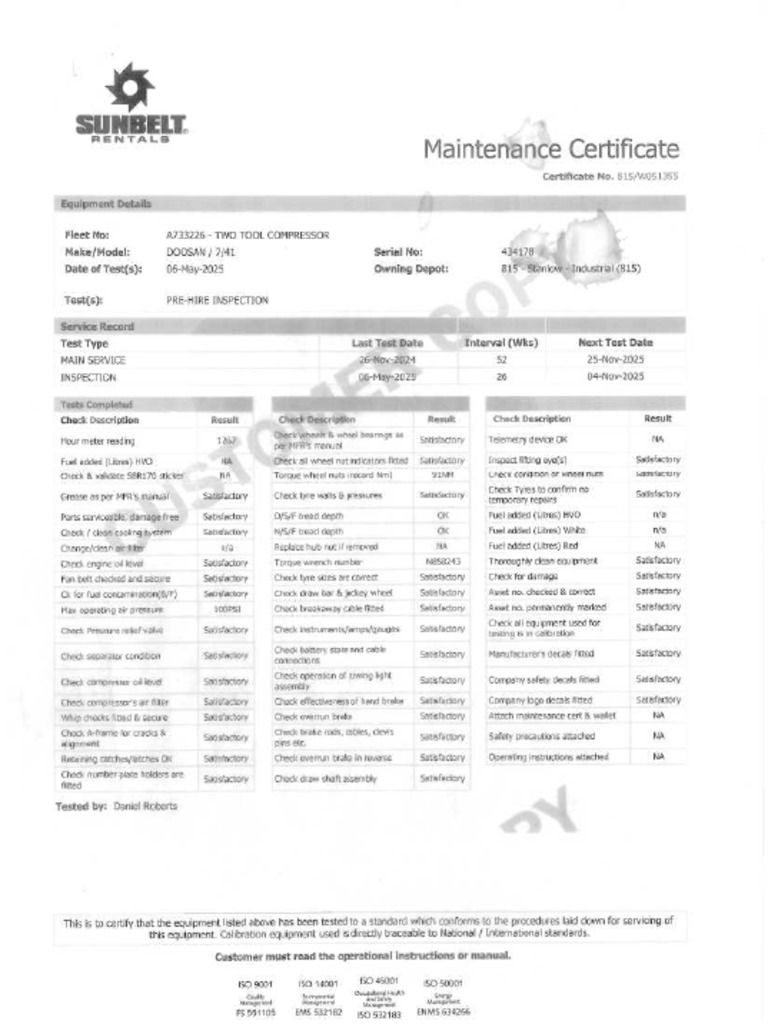 Maintance Sheet To Mcheck | PDF