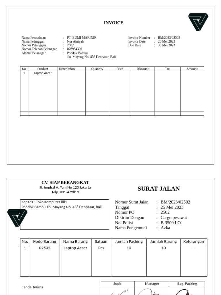 Invoice dan Surat Jalan PT. Bumi Marinir | PDF